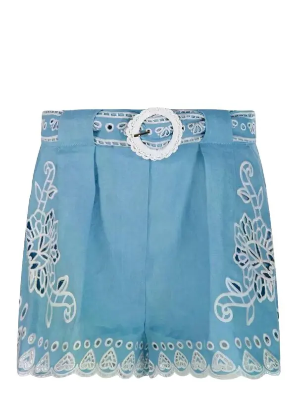 Farm Rio Floral Embroidered Belted Shorts - Blue