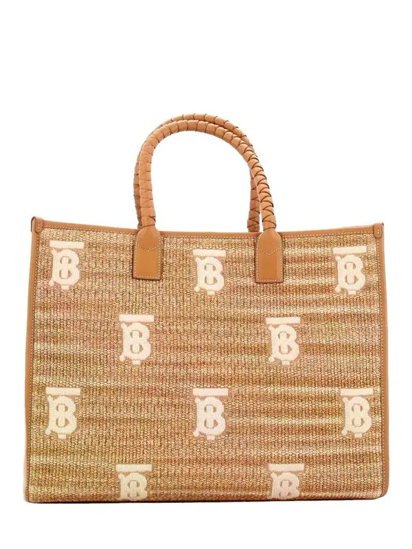 Burberry Freya Embroidered Raffia Medium Tote Bag - Brown