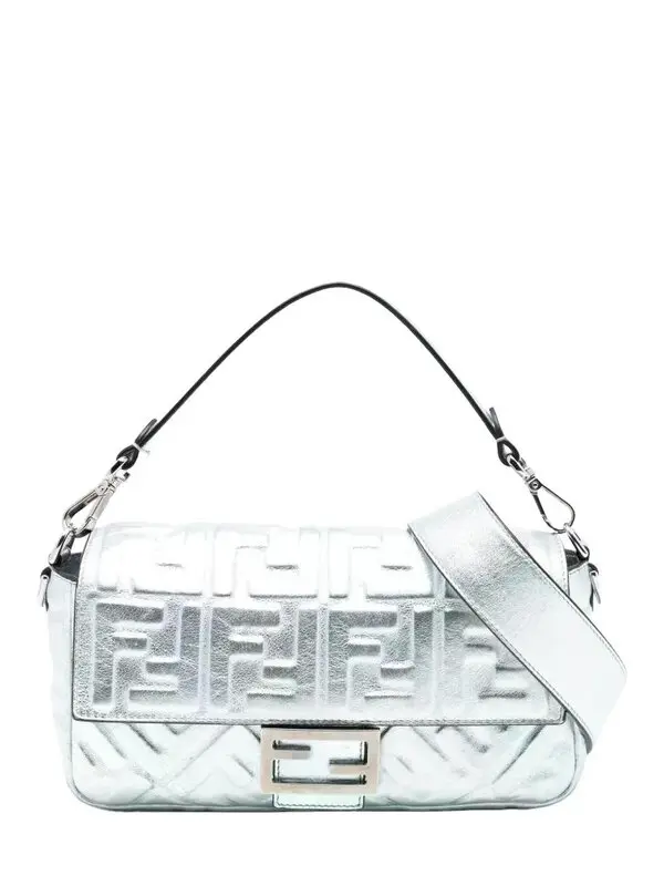 Fendi Medium Metallic Leather Embossed Ff Baguette Satchel - Silver