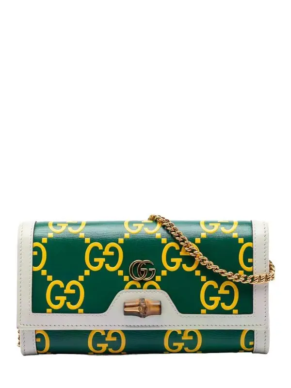 Gucci 2000-2015 Bicolor Debossed Gg Azalea Calfskin Bamboo Diana Wallet On Chain Crossbody Bag - Green