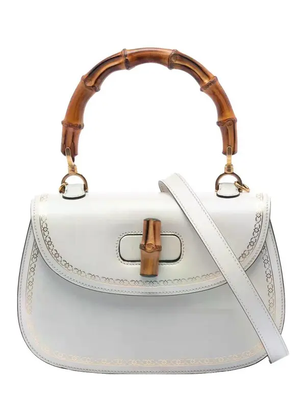 Gucci Calfskin Frame Print Bamboo Top Handle Satchel - White