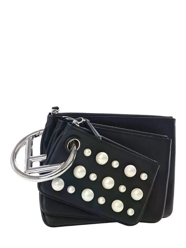 Fendi Leather Pearl Studded Triplette Clutch Bag - Black