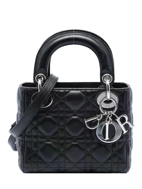 Dior 2016 Mini Lambskin Cannage Lady Satchel - Black