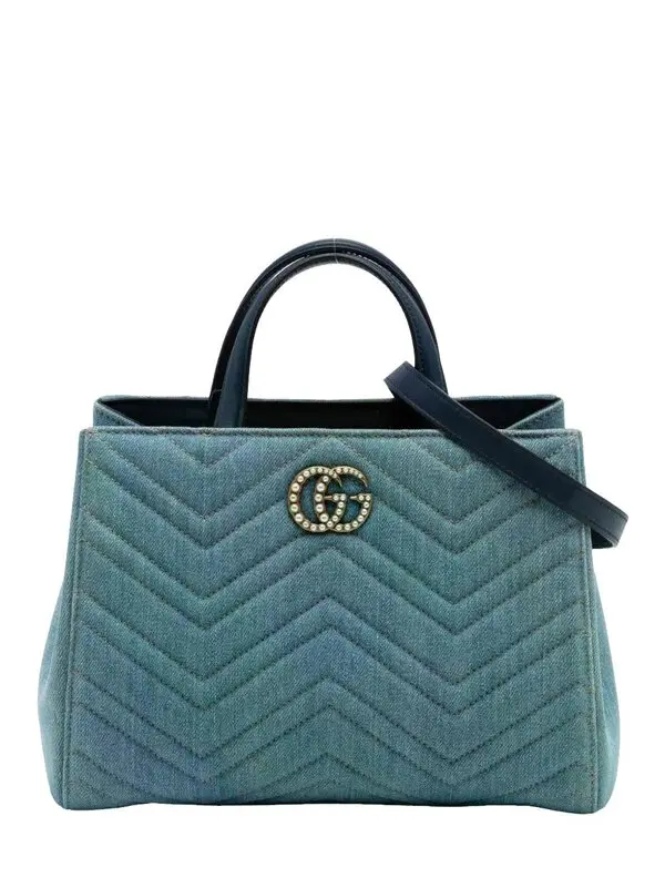 Gucci Small Gg Marmont Matelasse Denim Pearly Satchel - Blue