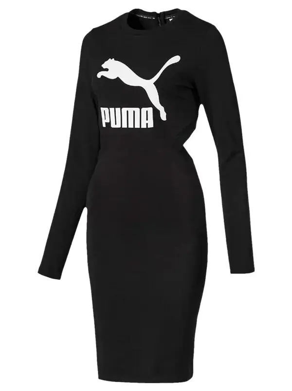 PUMA Logo-print Long-sleeve Midi Dress - Black