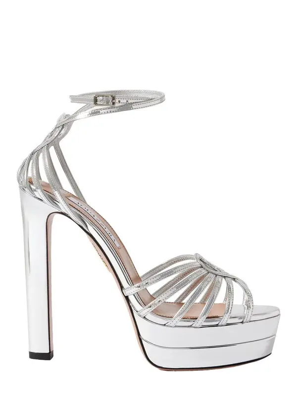 AQUAZZURA Sweetheart 130 Metallic Leather Platform Sandals - Silver