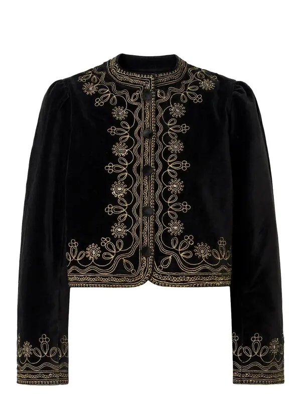 Rixo Denver Cropped Embroidered Cotton-velvet Jacket - Black