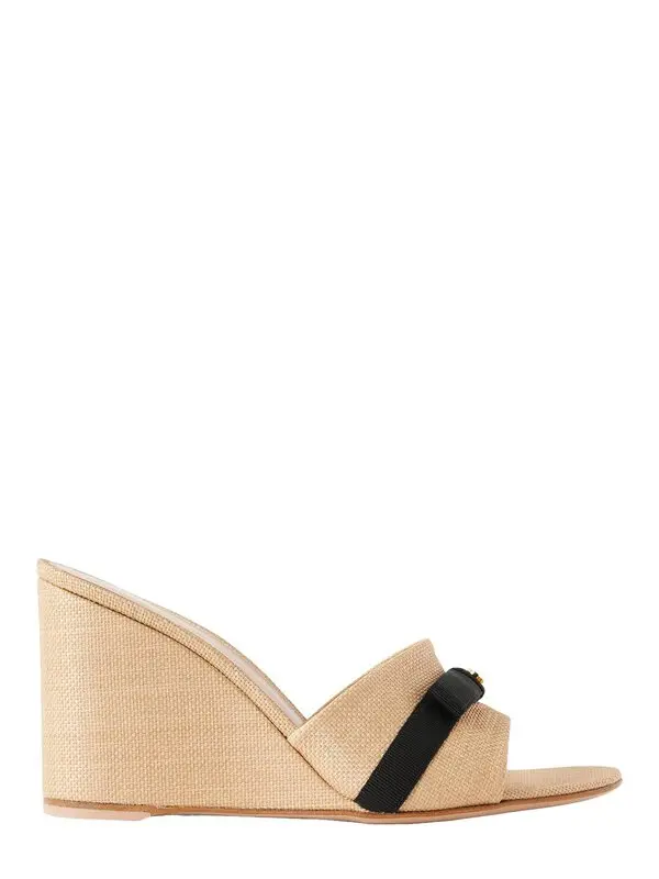 GIANVITO ROSSI 85 Grosgrain-trimmed Raffia Wedge Mules - Neutrals