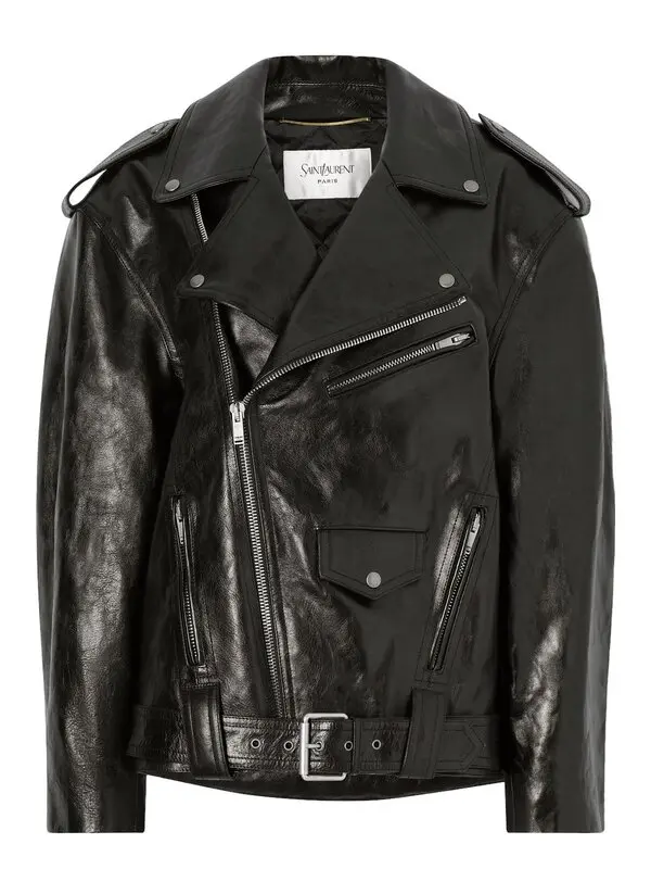 Saint Laurent Glossed Textured-leather Biker Jacket - Black