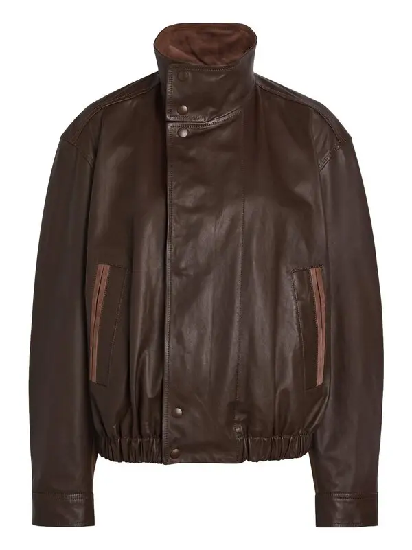 LEMAIRE High-neck Leather Jacket - Chocolate