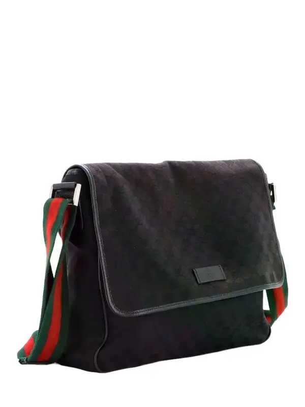 Gucci Web Strap Flap Messenger Gg Canvas Medium Crossbody Bag - Black