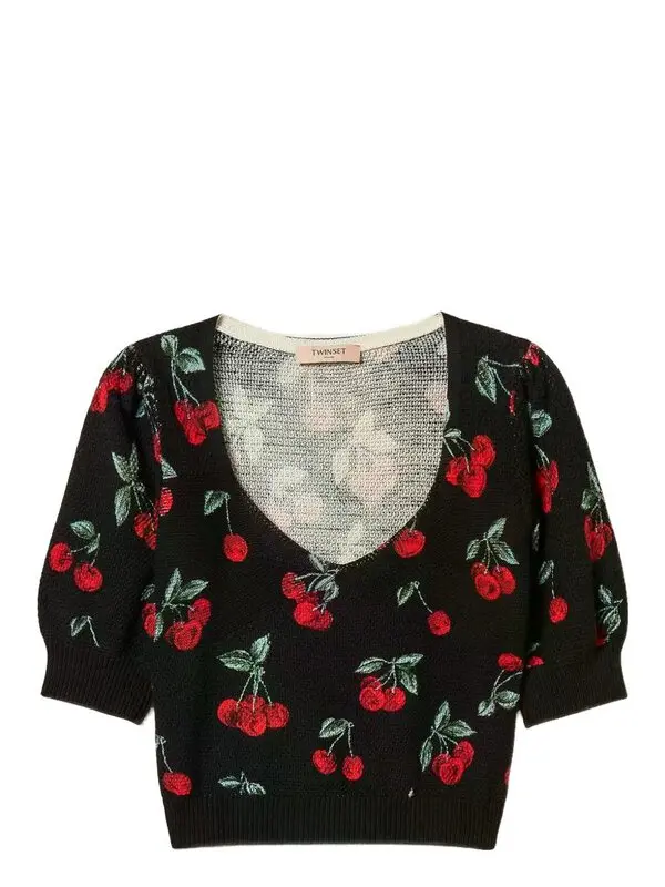 TWINSET Cherry-print Short-sleeve Sweater - Black