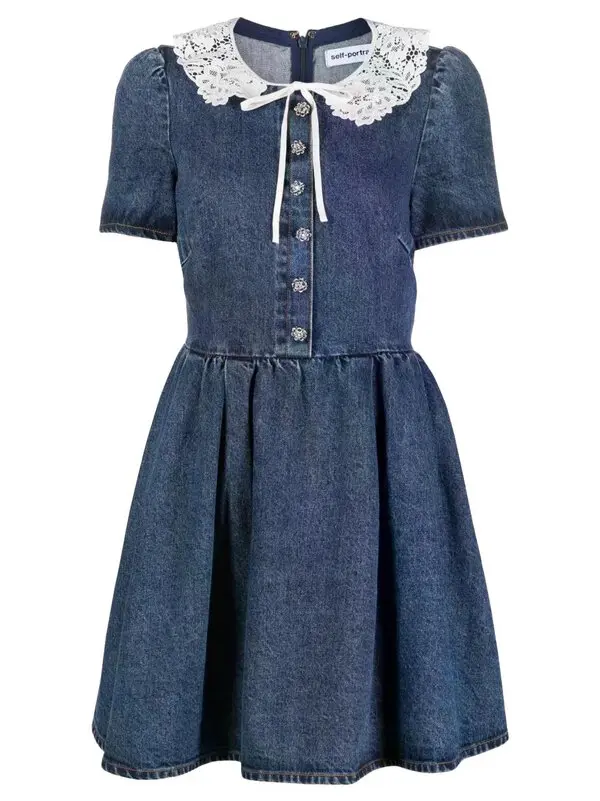 SELF-PORTRAIT Lace-trim Denim Mini Dress - Blue