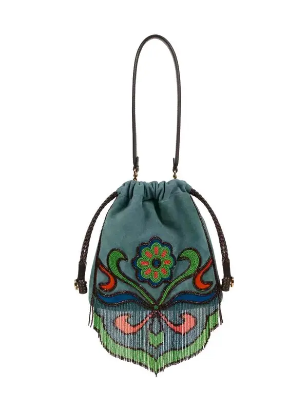 Etro Kalispera Beaded Fringed Bucket Bag - Blue