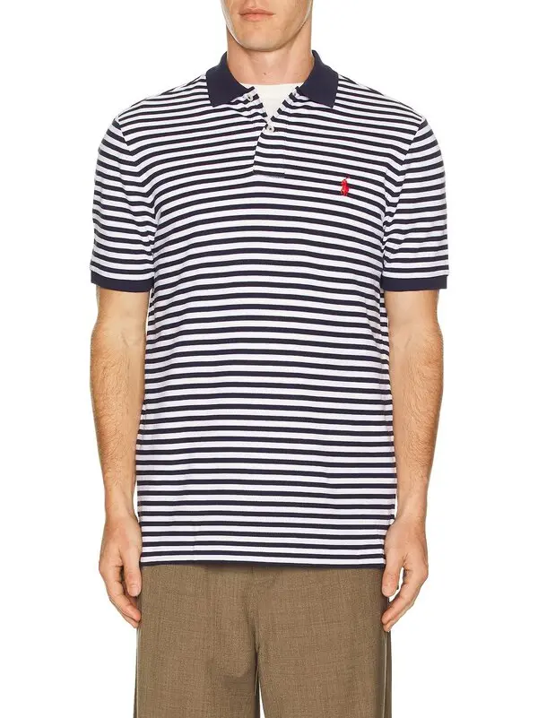 Polo Ralph Lauren Short Sleeve Mesh Polo Classic Fit White Stripe - Newport Navy White