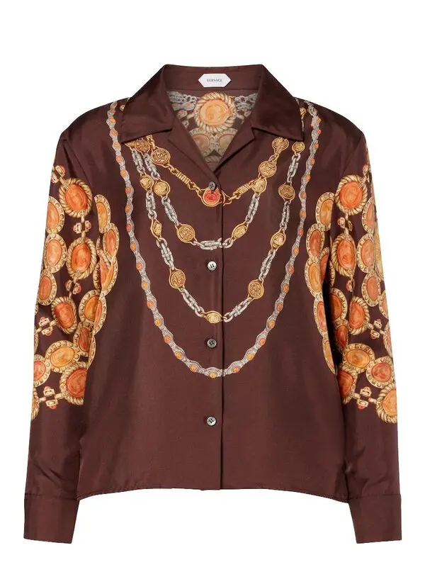 Versace Printed Cropped Silk Twill Shirt - Brown