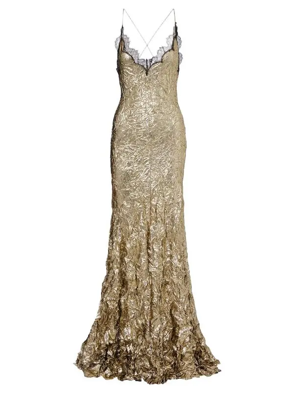 Roberto Cavalli Lace-trimmed Silk-blend Gown - Gold