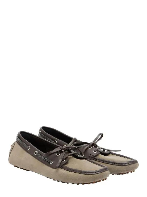 Brunello Cucinelli Monili Leather-trimmed Suede Boat Shoes - Beige