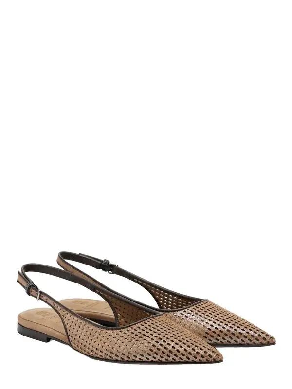 Brunello Cucinelli Perforated Leather Slingback Flats - Brown