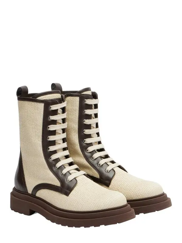 Brunello Cucinelli Leather-trimmed Lace-up Boots - Beige
