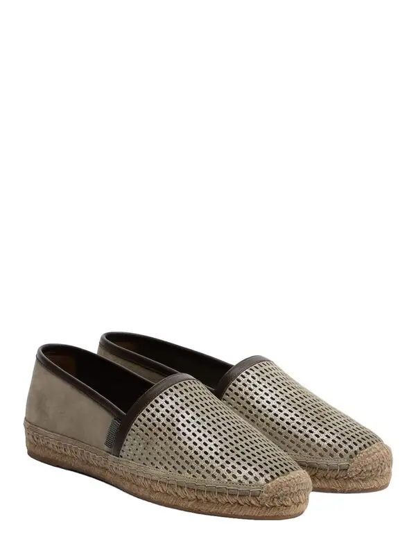 Brunello Cucinelli Perforated Leather And Suede Espadrilles - Grey