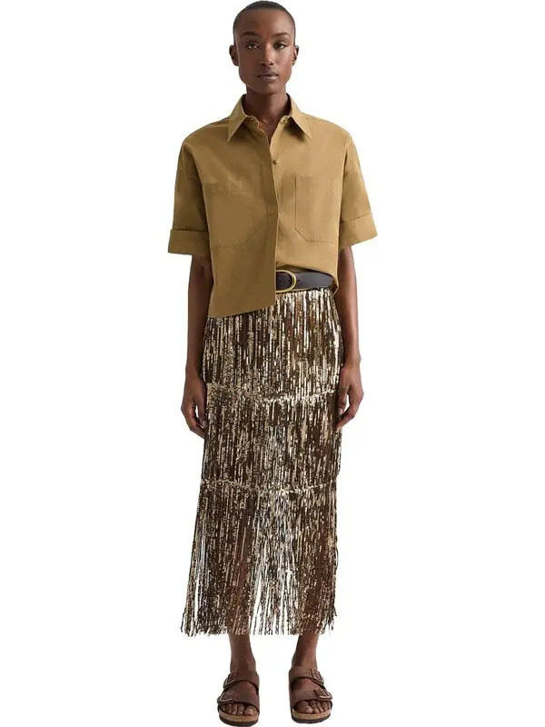 TWP Laurel Trapped Fringe Sequin Midi Skirt - Ermine