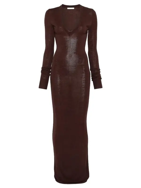 ENTIRE STUDIOS Long Sleeve V Neck Midi Dress - Brown