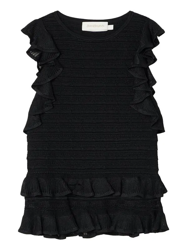 Zimmermann Luna Ruffled Tiered Ribbed-knit Top - Black