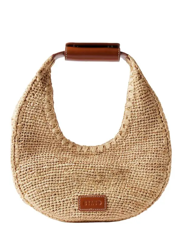 Staud Moon Leather-trimmed Raffia Tote - Neutrals