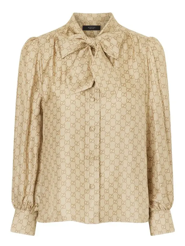 Gucci Printed Silk-twill Pussy-bow Blouse - Neutrals