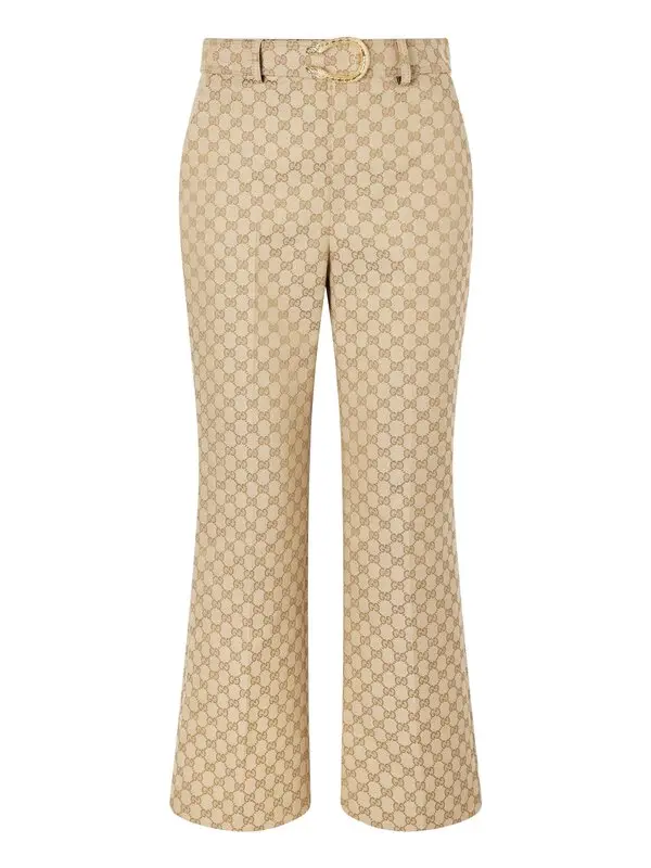 Gucci Belted Canvas-jacquard Bootcut Pants - Beige