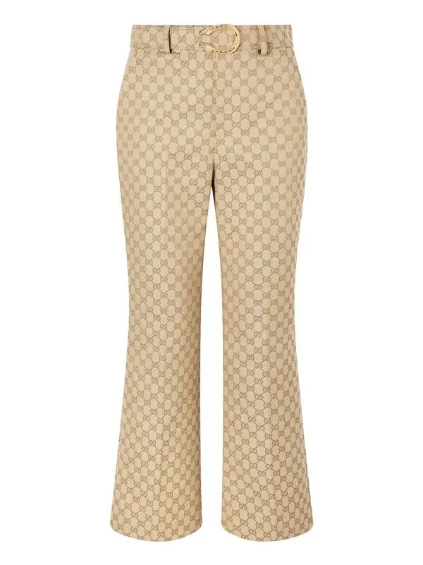 Gucci Belted Canvas-jacquard Bootcut Pants - Neutrals