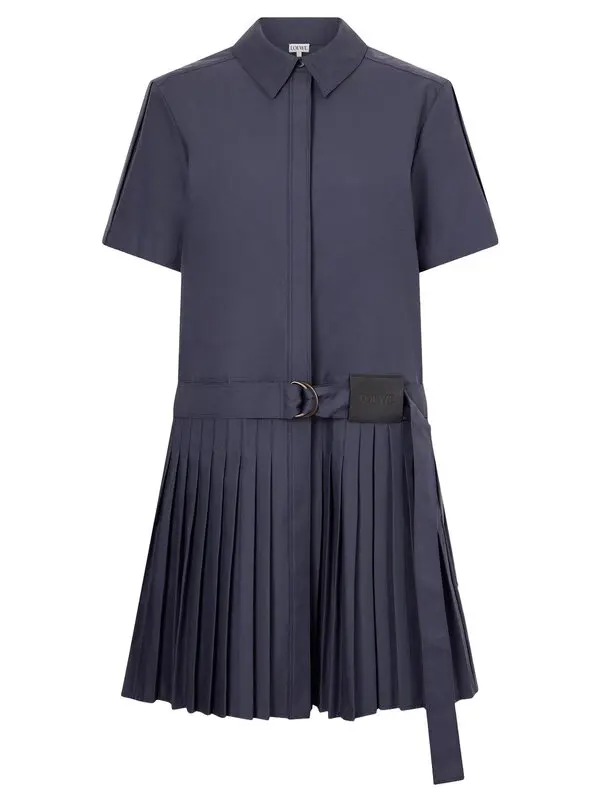 Loewe Belted Pleated Cotton-blend Mini Shirt Dress - Blue