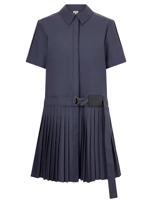 Loewe Belted Pleated Cotton-blend Mini Shirt Dress - Navy