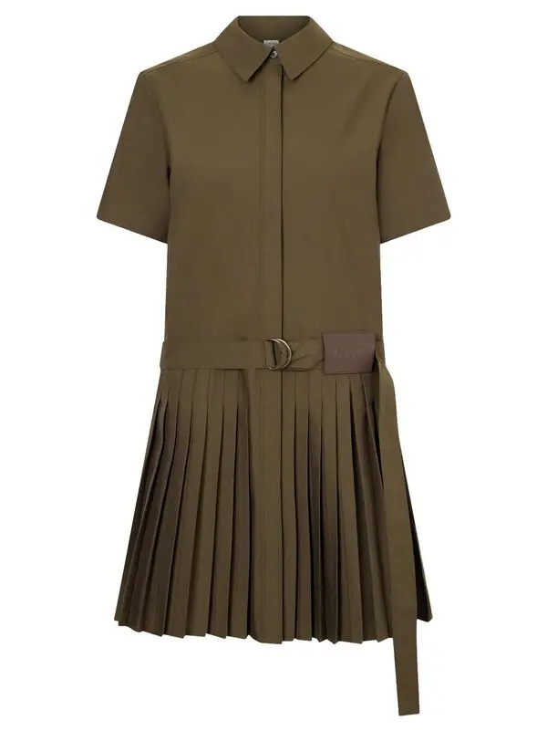 Loewe Belted Pleated Cotton-blend Mini Shirt Dress - Green