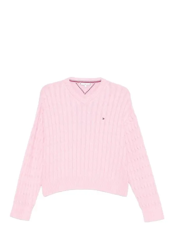 Tommy Hilfiger Cable Knit V-neck Sweater With Logo - Pink