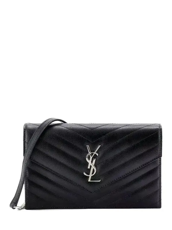 Saint Laurent Classic Monogram Wallet On Chain Matelasse Chevron Leather Small Crossbody Bag - Black