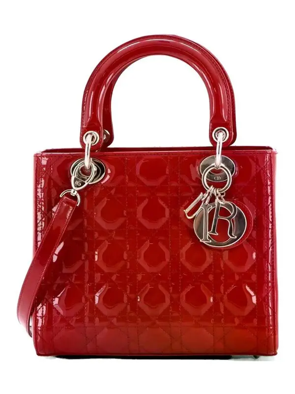 Dior Lady Medium Satchel Cannage Quilt Patent - Red