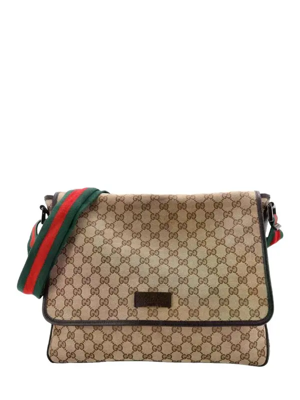 Gucci Web Strap Flap Messenger Gg Canvas Medium Crossbody Bag - Brown