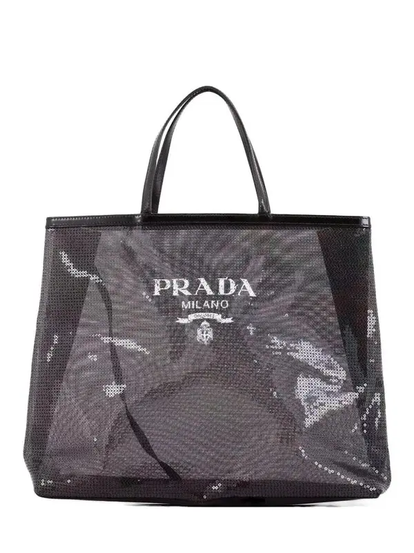 Prada Logo Sequined Mesh Large Tote Bag - Black