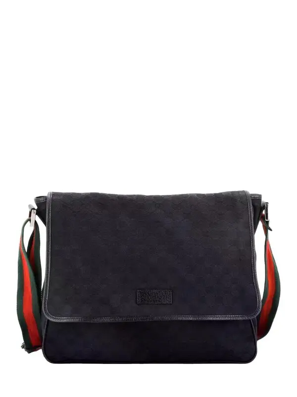 Gucci Web Strap Flap Messenger Gg Canvas Medium Crossbody Bag - Black