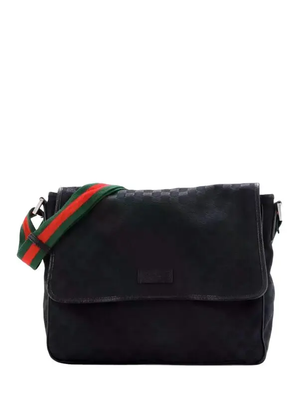 Gucci Web Strap Flap Messenger Gg Canvas Medium Crossbody Bag - Black