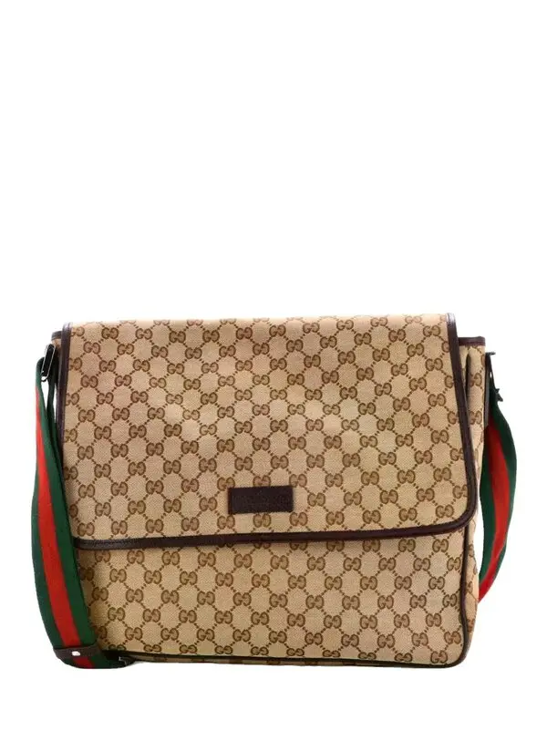 Gucci Web Strap Flap Messenger Gg Canvas Medium Crossbody Bag - Brown