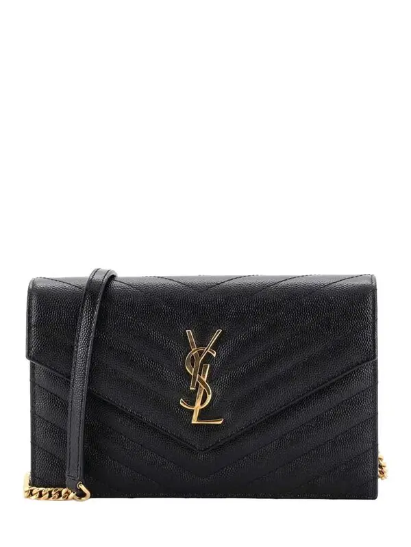 Saint Laurent Classic Monogram Wallet On Chain Matelasse Chevron Leather Small Crossbody Bag - Black