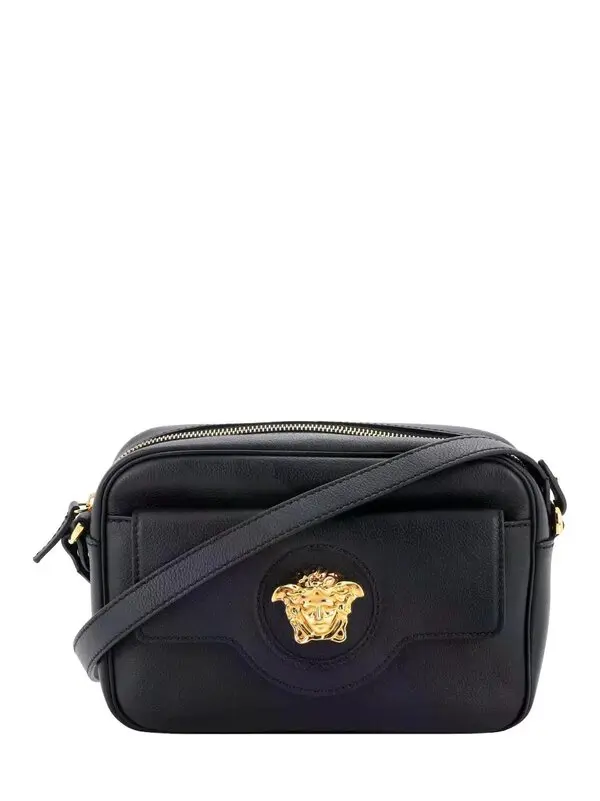Versace La Medusa Flap Pocket Camera Bag Leather Small Crossbody Bag - Black
