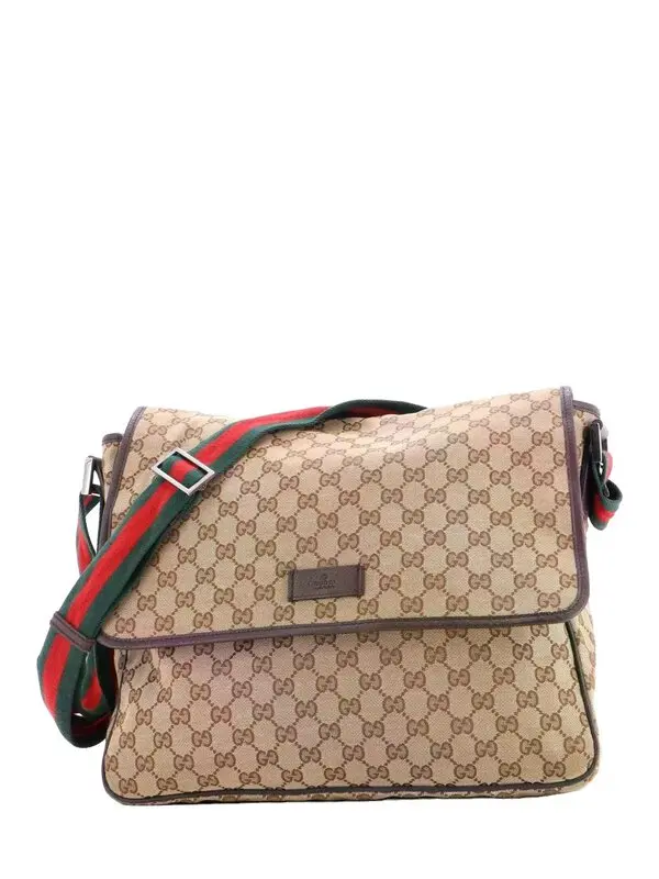 Gucci Web Strap Flap Messenger Gg Canvas Medium Crossbody Bag - Brown