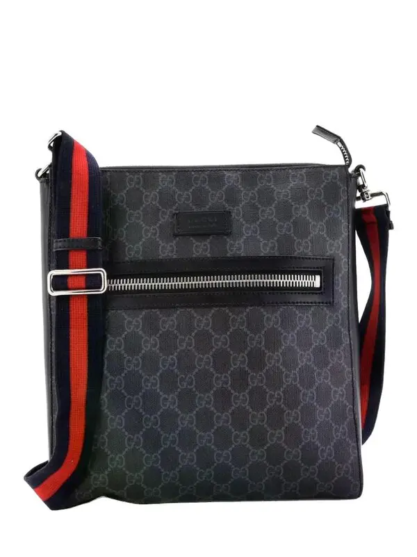 Gucci Web Strap Front Zip Messenger Bag Gg Coated Canvas - Black