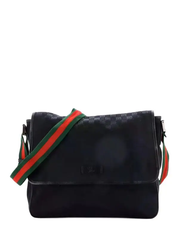 Gucci Web Strap Flap Messenger Gg Canvas Medium Crossbody Bag - Black