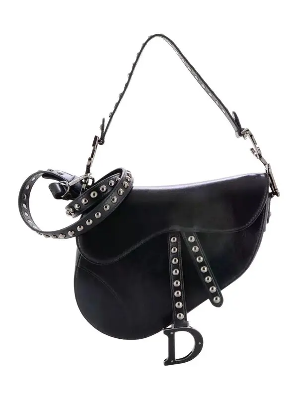 Dior Saddle Handbag With Strap Studded Leather Medium Shoulder Bag - Black