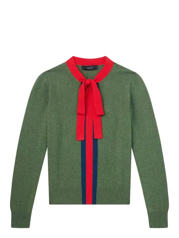 Gucci Slim-fit Cropped Striped Cashmere Sweater With Wool Trim - Green